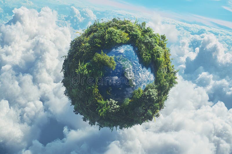 Earth Surrounded by Lush Greenery and Clouds in a Vibrant ...