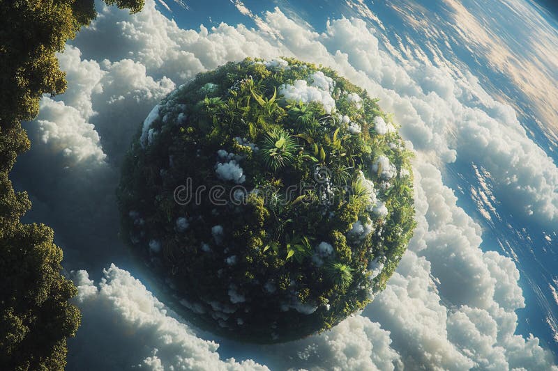 Earth Surrounded by Lush Greenery and Clouds in a Vibrant ...