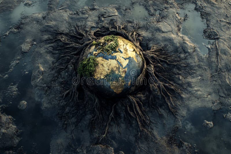 Earth Surrounded by Roots Emerging from Muddy Landscape Stock ...