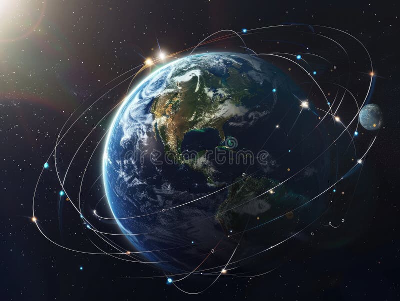 Earth Surrounded by Satellite Orbits in Space Stock Illustration ...