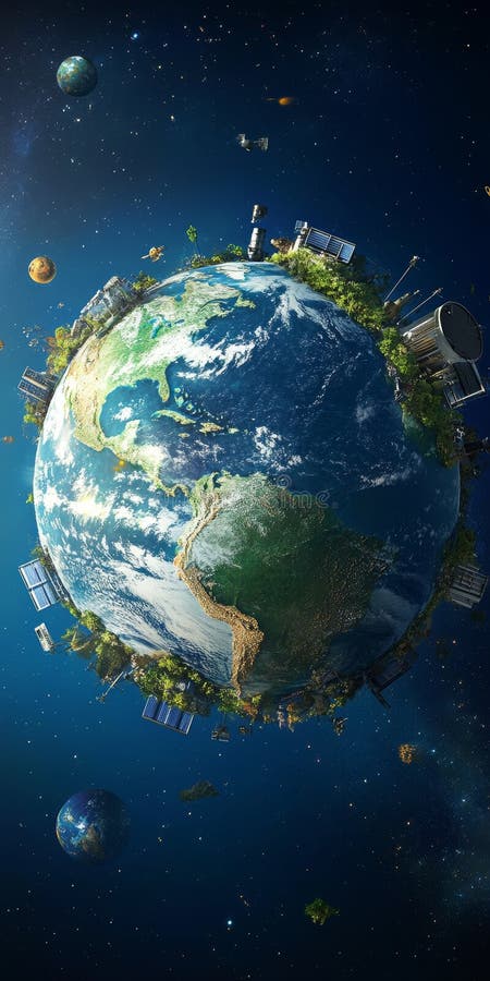 Earth Surrounded by Satellites and Space Objects in Vibrant Colors ...
