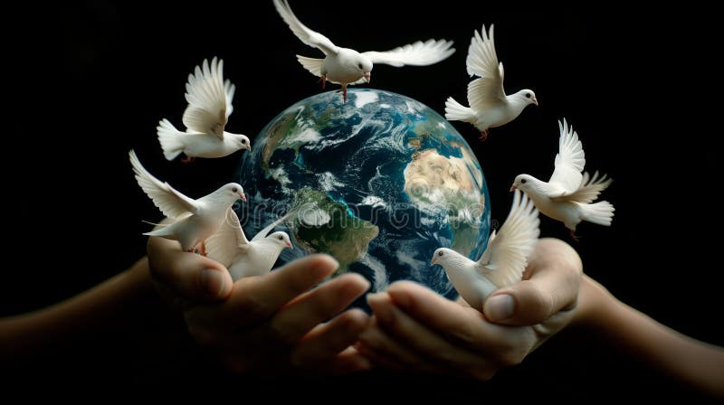 Earth Surrounded by White Doves Held in Two Hands Stock Illustration ...