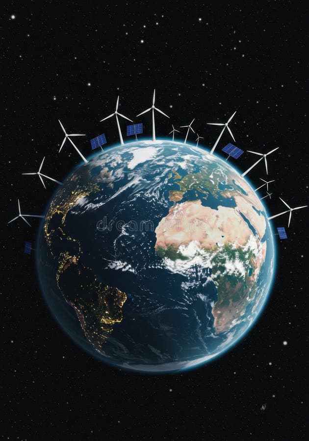Earth Surrounded by Wind Turbines and Solar Panels in Space Stock ...