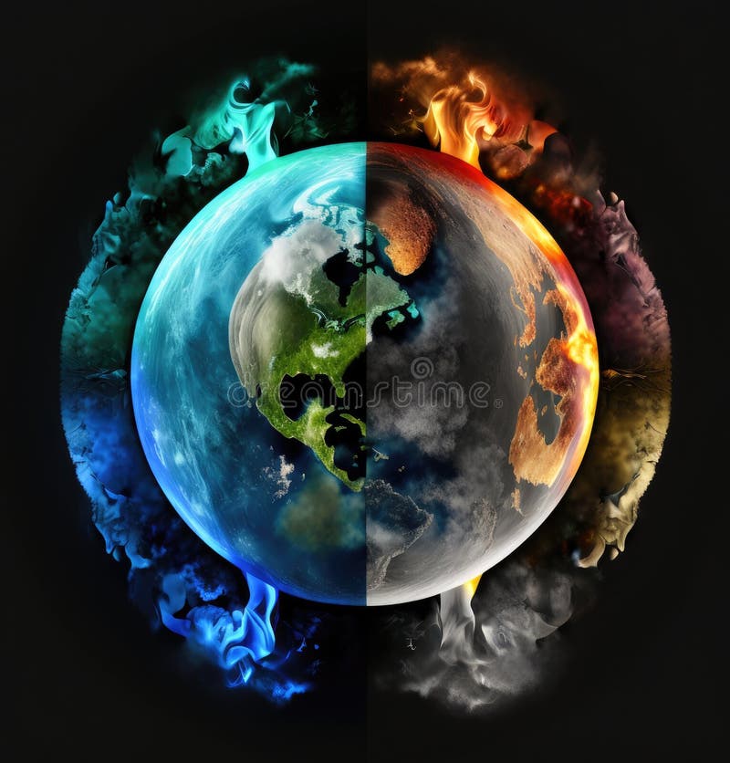 Earth Suspended in Deep Space with the Four Elements Air Fire Water ...