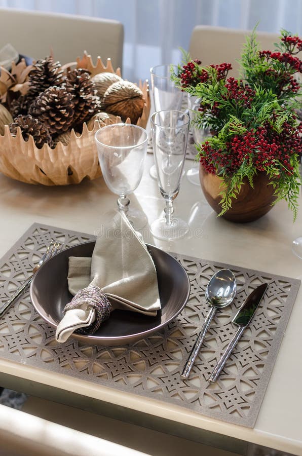 Earth Tone Table Set in Dinning Room Stock Image - Image of empty ...