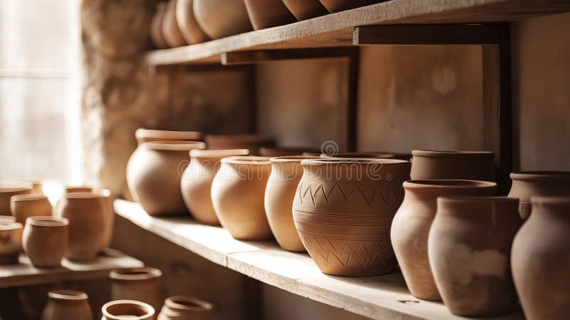 Earth-toned Clay Pottery Displayed on a Shelf in an Artisan Workshop ...