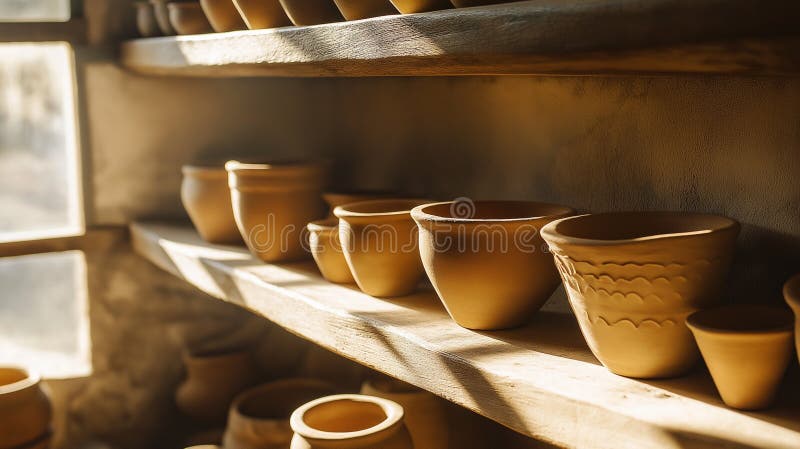 Earth-toned Clay Pottery Displayed on a Shelf in an Artisan Workshop ...