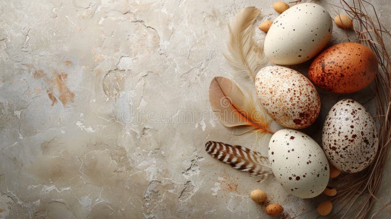 Earth Toned Easter Eggs with Feathers Arranged on a Textured Surface ...