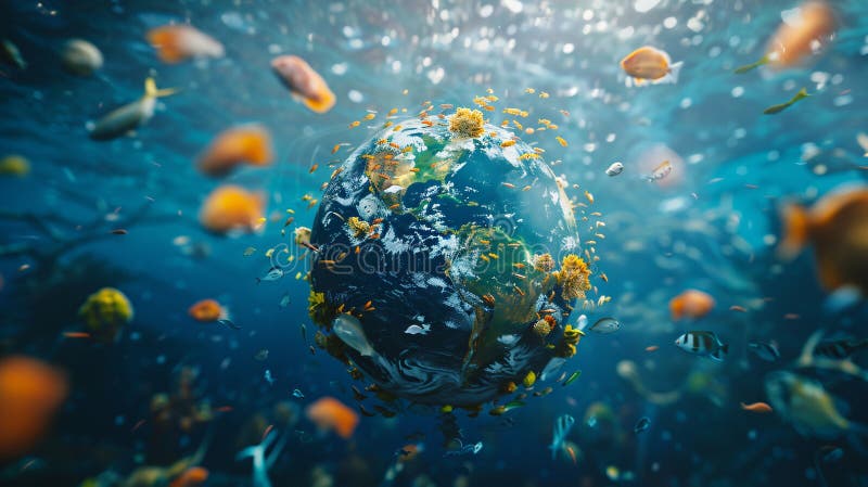 The Earth Underwater Surrounded by Fishes Stock Photo - Image of ...