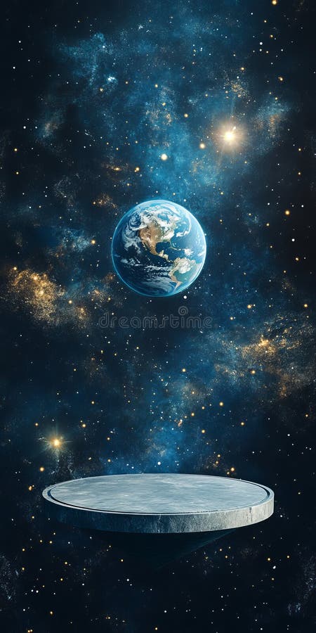 Earth View in Cosmic Space with Floating Platform and Stars Stock ...