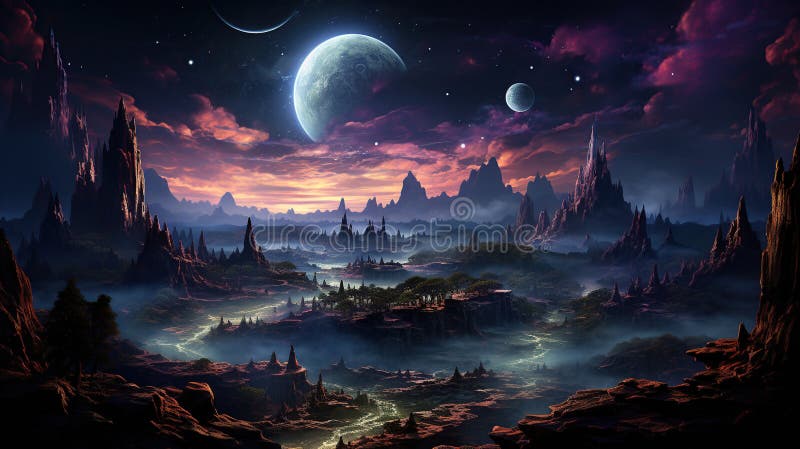 Earth View at Night from Alien Planet Stock Illustration - Illustration ...