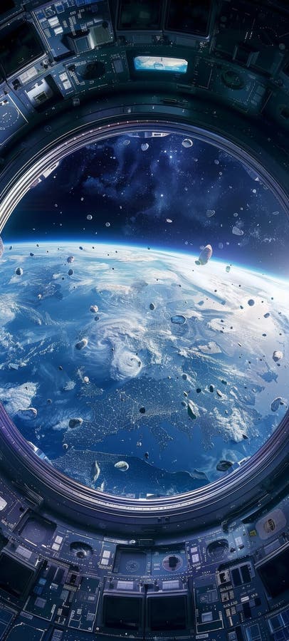 Earth View from a Space Station Cargo Bay Where Floating Objects Dance ...