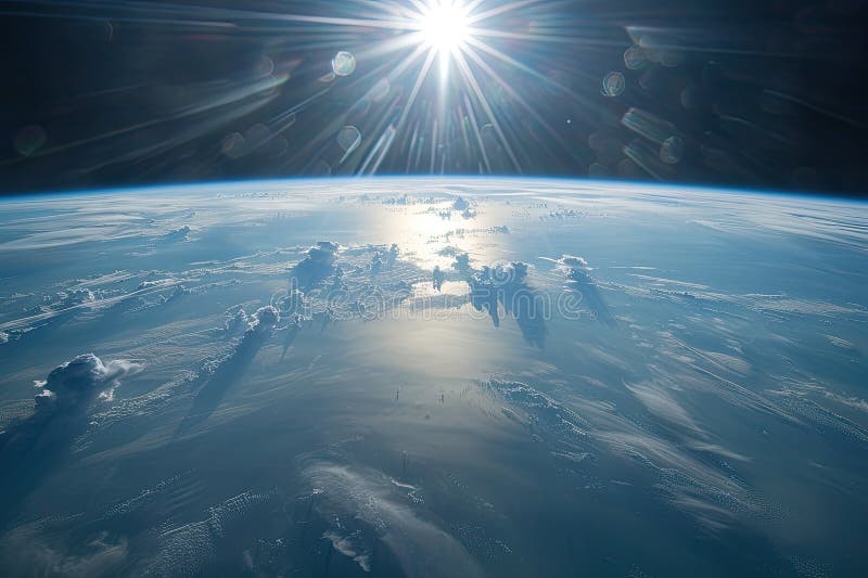 Earth View from Space, Sun Shining through Clouds Stock Photo - Image ...