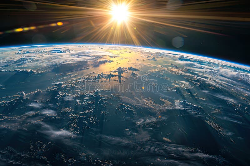 Earth View from Space, Sun Shining through Clouds Stock Image - Image ...