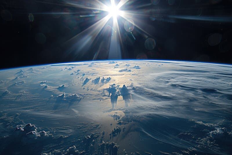 Earth View from Space, Sun Shining through Clouds Stock Image - Image ...