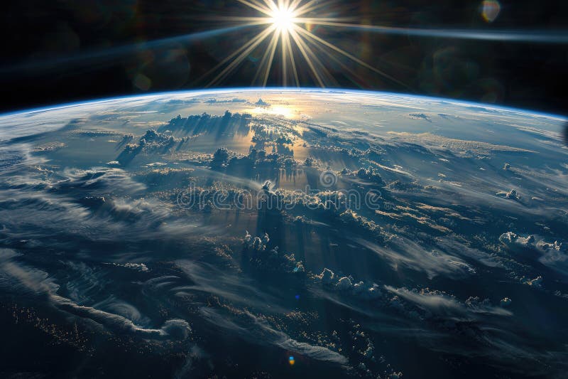 Earth View from Space, Sun Shining through Clouds Stock Image - Image ...