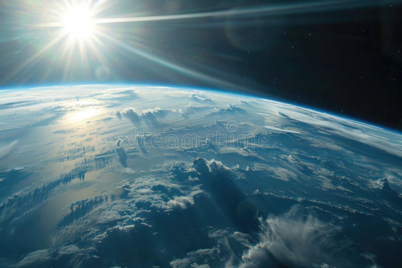 Earth View from Space, Sun Shining through Clouds Stock Photo - Image ...