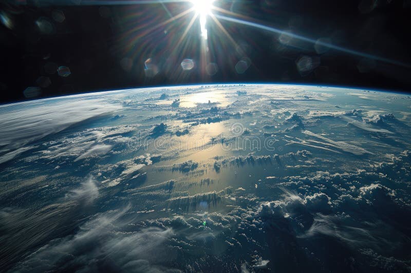 Earth View from Space, Sun Shining through Clouds Stock Image - Image ...