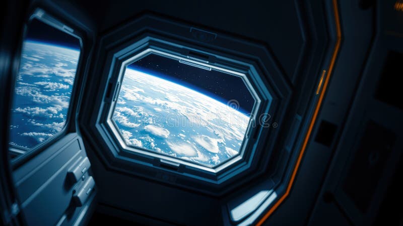 Earth View from Spacecraft Window with Blue Atmosphere and Cloud ...