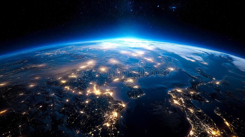 Earth Viewed from Space with Faint Atmosphere. a Storm on the Surface ...