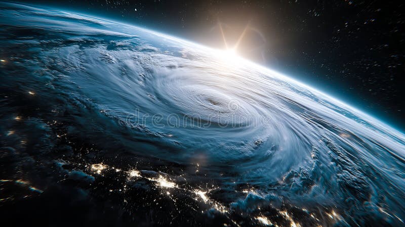 Earth Viewed from Space with Faint Atmosphere. a Storm on the Surface ...