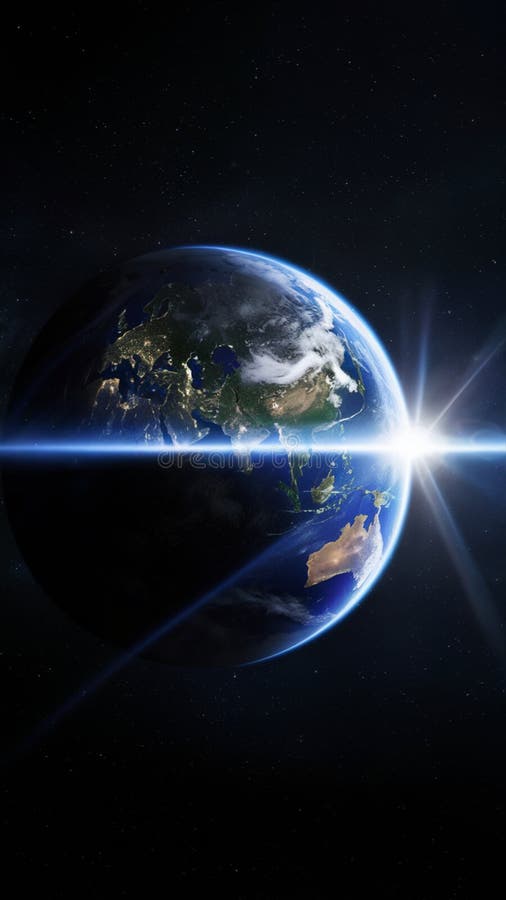 Earth Viewed from Space, Illuminated by Light, Star Filled Backdrop ...