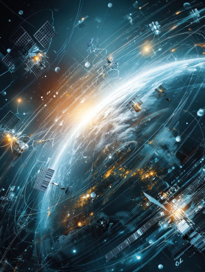 Earth Viewed from Space Surrounded by Satellites and Streams of Digital ...
