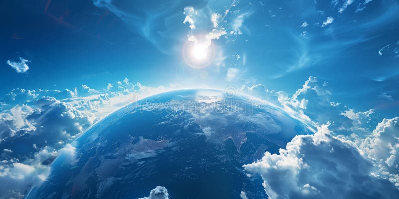 Earth Viewed from Space Surrounded by White Clouds Under a Radiant Sun ...