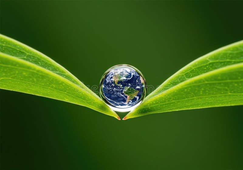 Earth in Water Drop Reflection Under Green Leaf, Together we Can Save ...