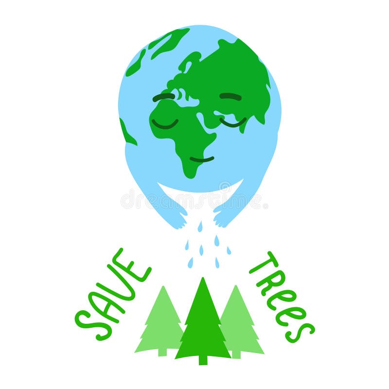 Earth Watering Trees and Lettering Save the Trees. Label, Icon for ...