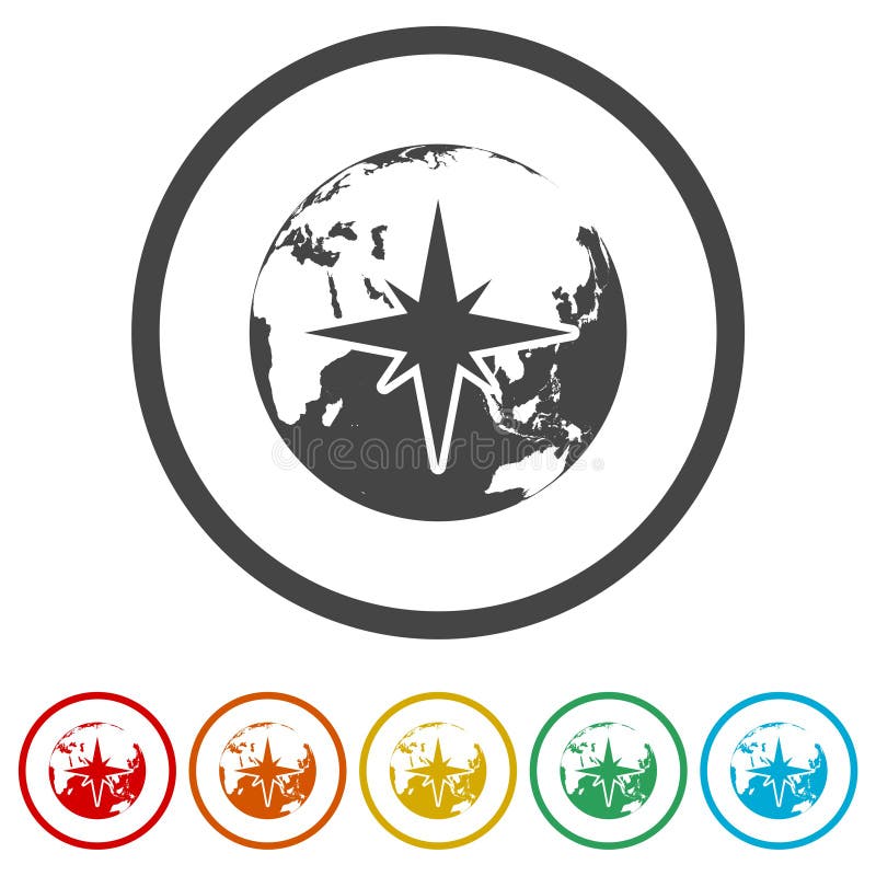 Earth World Map Compass Ring Icon, Color Set Stock Vector ...