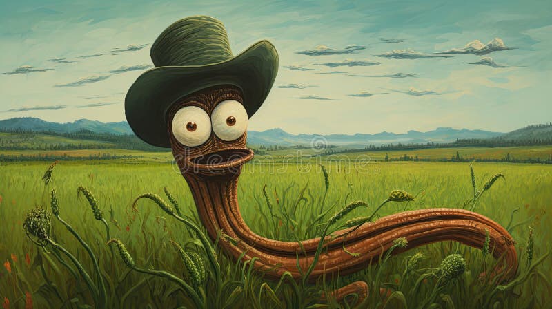 Earth Worm Wearing a Cowboy Hat in the Grass Stock Illustration ...