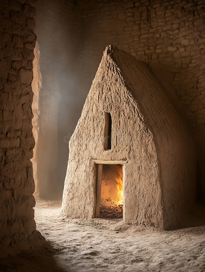 Earthen Structure with a Fire Burning Inside Located in a Dim Stone ...