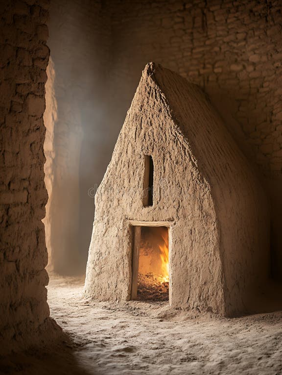 Earthen Structure with a Fire Burning Inside Located in a Dim Stone ...