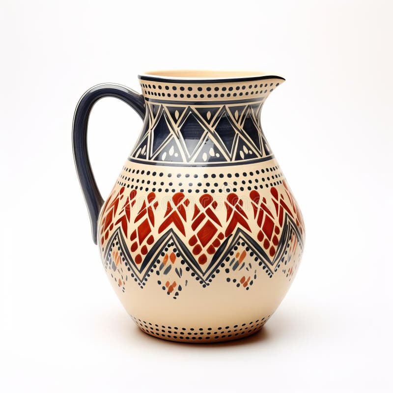 Beige Ceramic Pitcher with Geometric Pattern on White Background Stock ...
