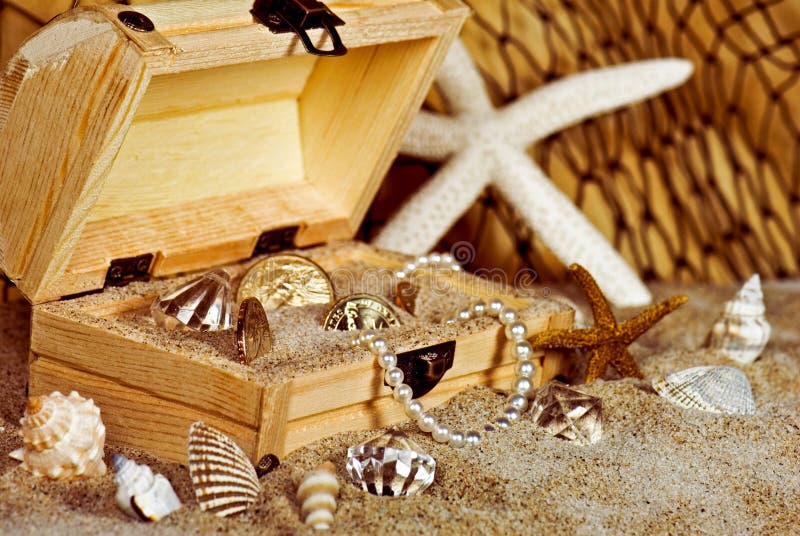 Gold Coins and Seashells in Wooden Treasure Chest Stock Photo - Image ...