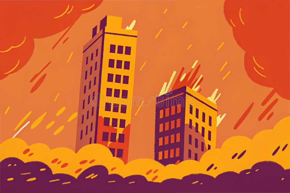 Earthquake in the Downtown with Rain and Fire Stock Illustration ...