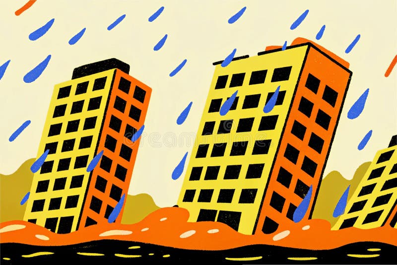Earthquake in the Downtown with Rain and Fire Stock Illustration ...