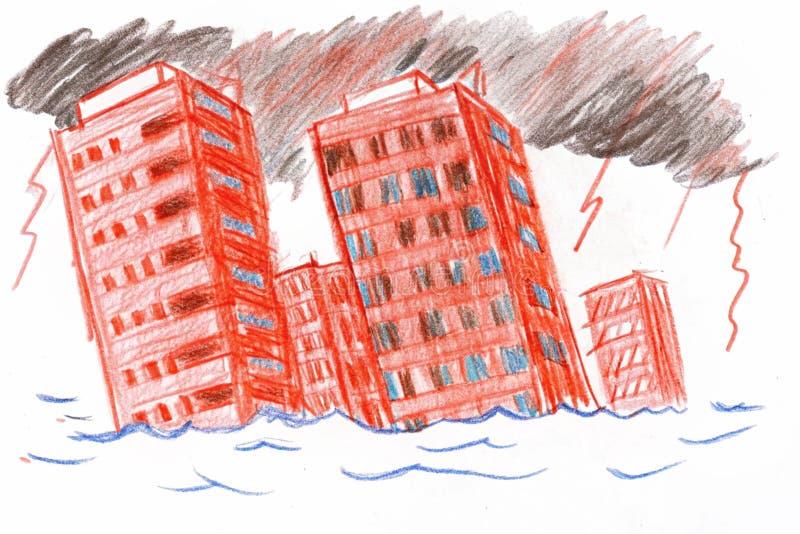 Earthquake in the Downtown with Rain and Fire Stock Illustration ...