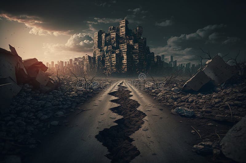Earthquake in the Middle of a Road in City, Illustration, Generative Ai ...