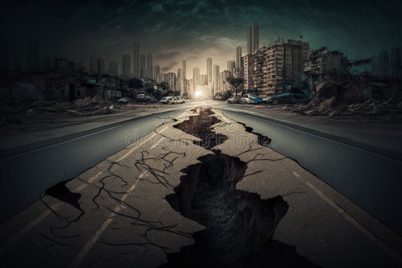 Earthquake in the Middle of a Road in City, Illustration, Generative Ai ...