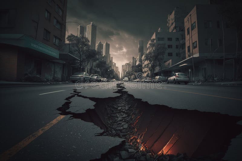 Earthquake in the Middle of a Road in City, Illustration, Generative Ai ...