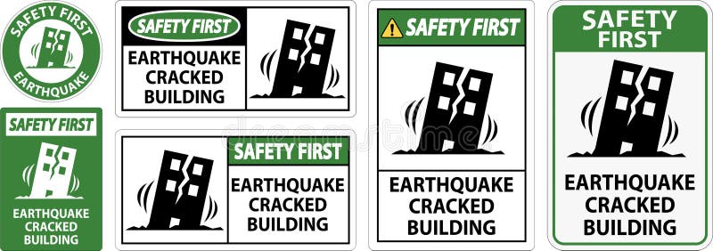 Earthquake Safety First Sign with Cracked Building Stock Illustration ...