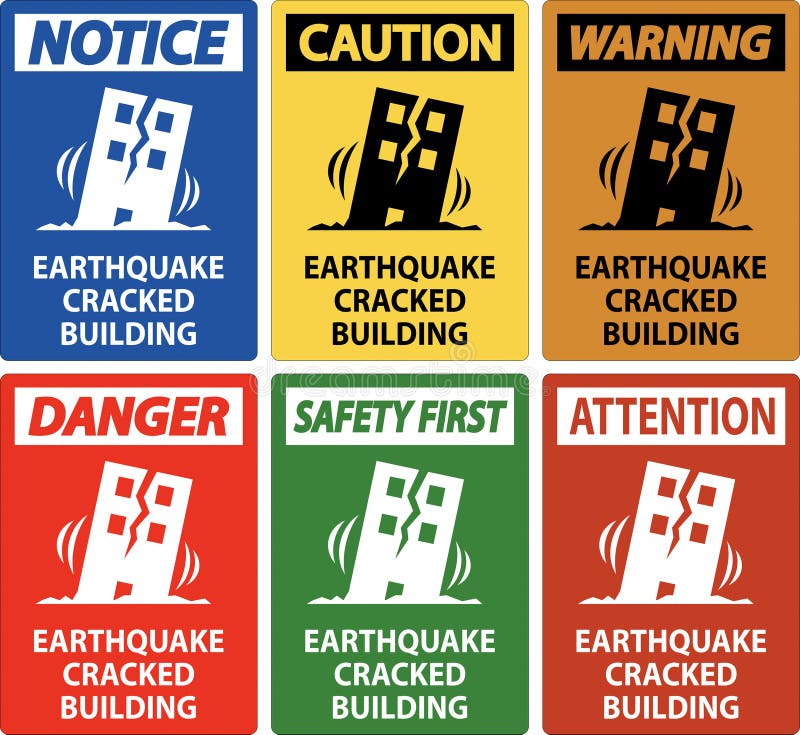 Earthquake Warning Sign with Cracked Building Stock Illustration ...