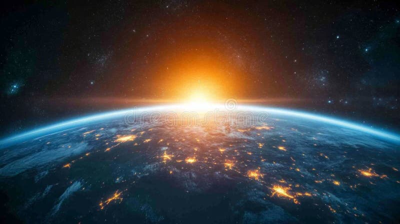 Earthrise with City Lights and a Glowing Sun Stock Photo - Image of ...