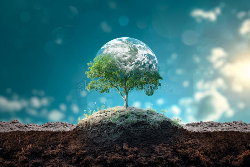 Earths Growth Tree Emerging from the Ground Symbolizes Environmental ...