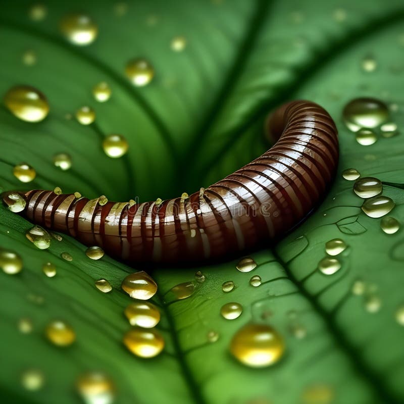 Earthworms Cling To Leaves Amid Dew Drops, Illustration by Generative ...