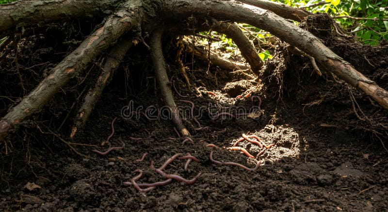 Earthworms Crawling Under Tree Roots in Rich Soil Environment Stock ...