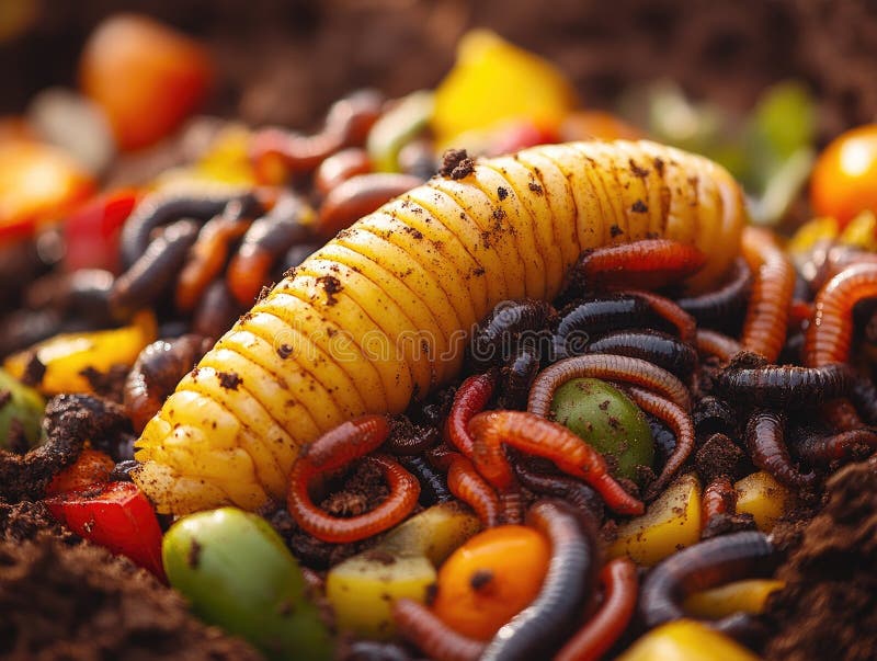 Earthworms Eating Vegetables from Compost in Garden Soil Stock ...