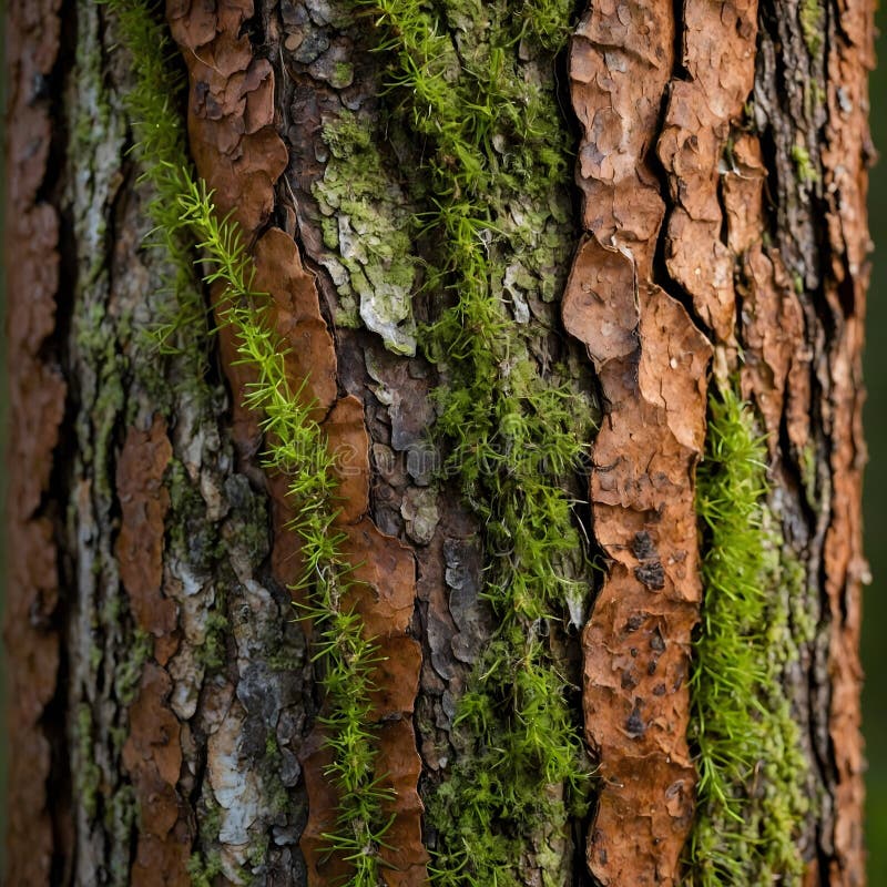 Earthy Details: Close-Up of Long Leaf Pine Bark, Scaly Surface and Moss ...